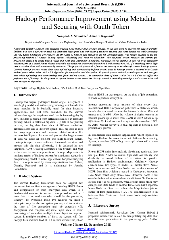 (PDF) Hadoop Performance Improvement using Metadata and Securing with Oauth Token