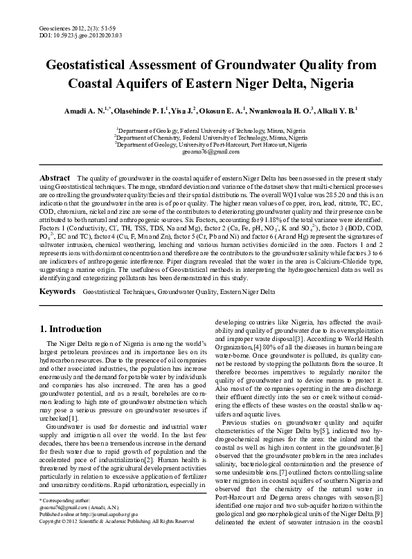 (PDF) Groundwater Quality Assessment in Niger Delta