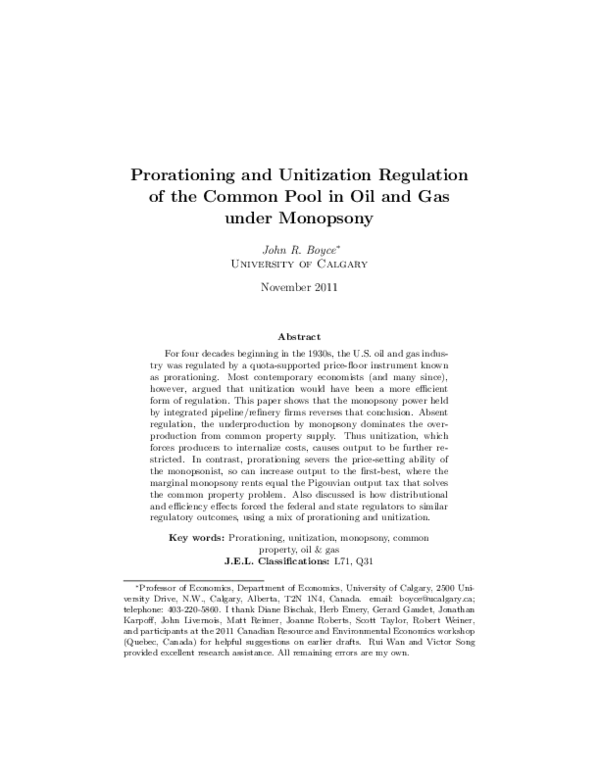 (PDF) Prorationing and Unitization Regulation of the Common Pool in Oil ...