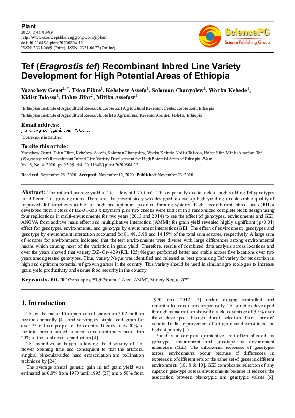 (PDF) Tef (Eragrostis tef) Recombinant Inbred Line Variety Development ...