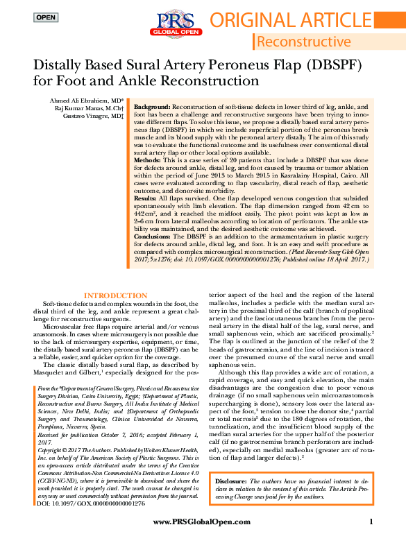 (PDF) Distally Based Sural Artery Peroneus Flap (DBSPF) for Foot and ...