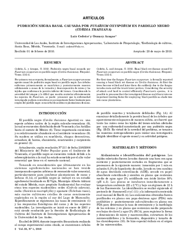 (PDF) Pudrición negra basal causada por Fusarium Oxysporum en pardillo ...