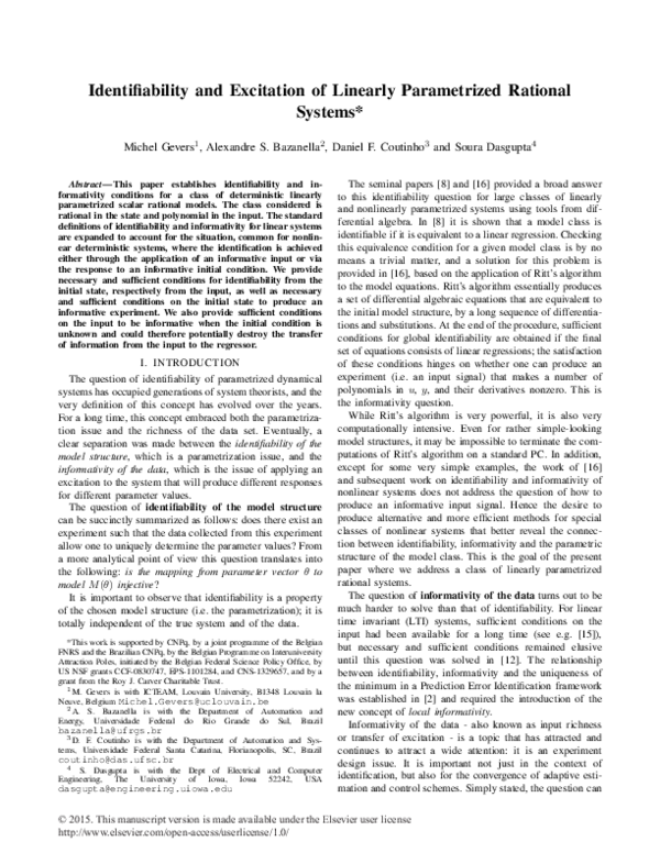 (PDF) Identifiability and excitation of linearly parametrized rational systems