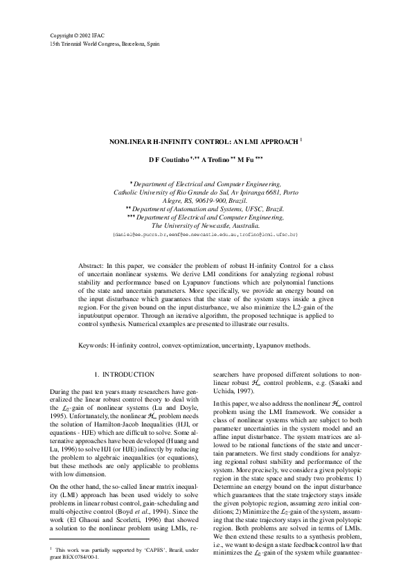 (PDF) Nonlinear H-Infinity Control: An Lmi Approach (PDF) Nonlinear H-Infinity Control: An Lmi Approach