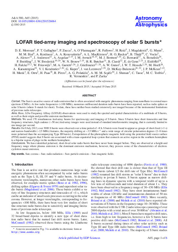 (PDF) LOFAR tied-array imaging and spectroscopy of solar S bursts