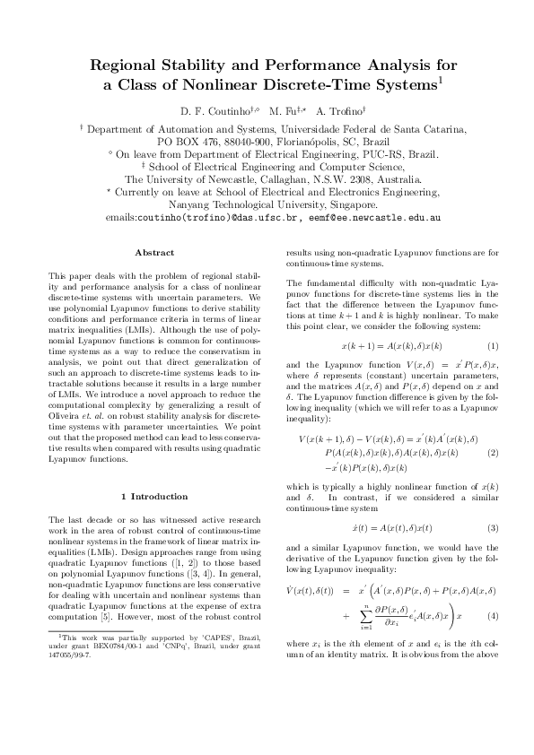 (PDF) Regional Stability and Performance Analysis for a class of
