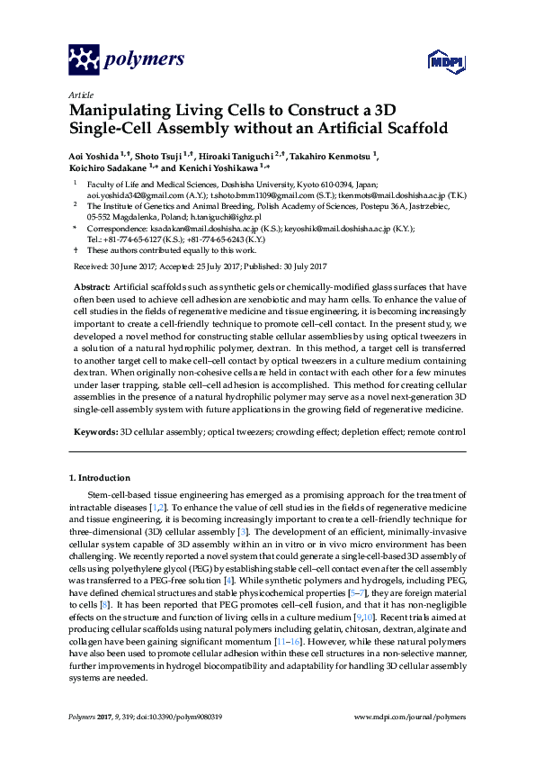 Pdf Manipulating Living Cells To Construct A 3d Single Cell Assembly Without An Artificial
