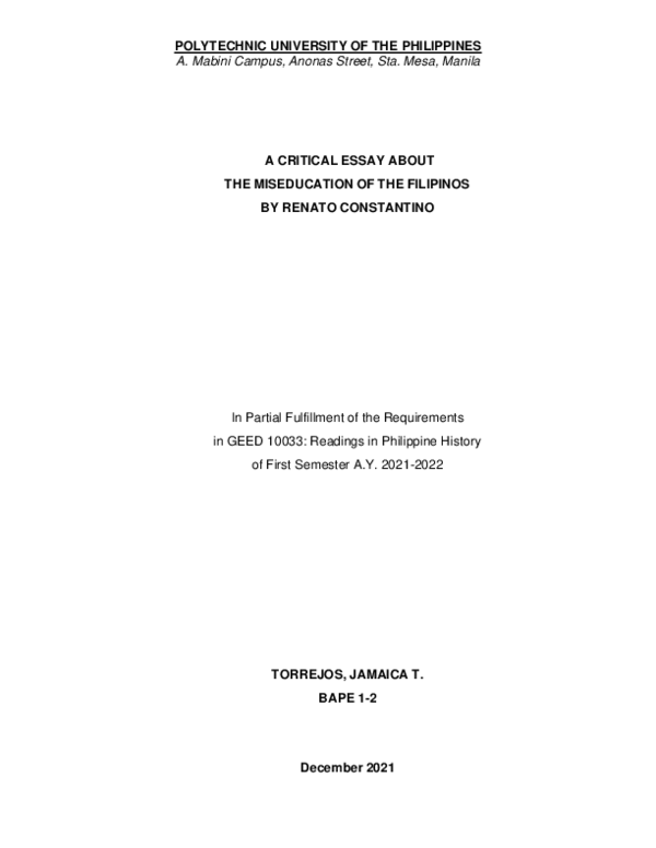 (PDF) A Critical Essay about "The Miseducation of the Filipino" by Renato Constantino