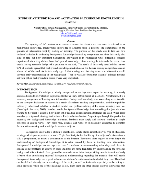 (PDF) STUDENT ATTITUDE TOWARD ACTIVATING BACKGROUND KNOWLEDGE IN READING