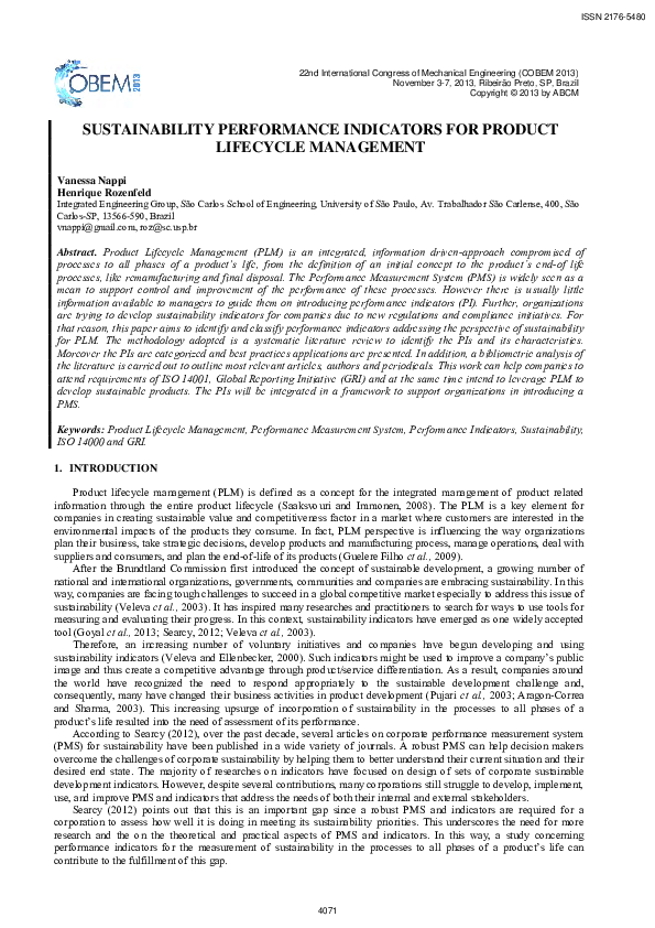 (PDF) Sustainability performance indicators for product lifecycle ...