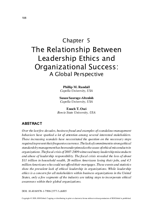 (PDF) The Relationship Between Leadership Ethics and Organizational Success