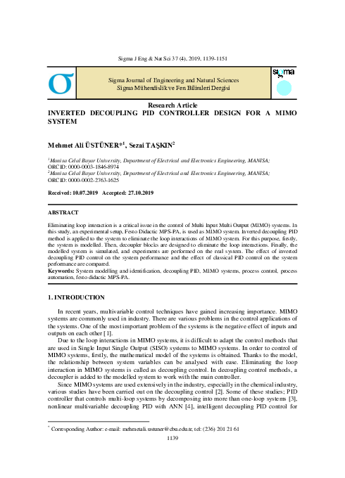 Pdf Inverted Decoupling Pid Controller Design For A Mimo System Mehmet Ali Üstüner