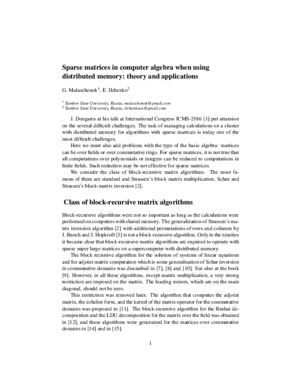 (PDF) Sparse matrices in computer algebra when using distributed memory: theory and applications ...