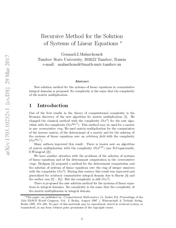 (PDF) Recursive Method for the Solution of Systems of Linear Equations