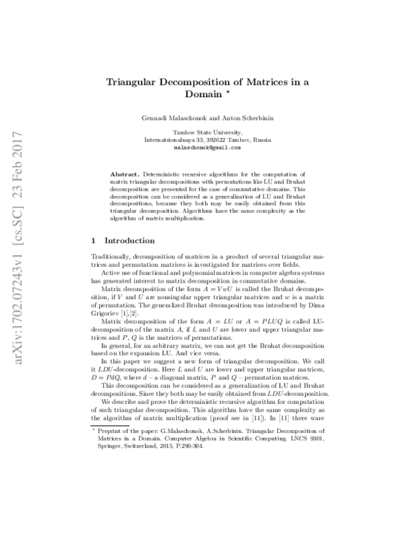 Pdf Triangular Decomposition Of Matrices In A Domain