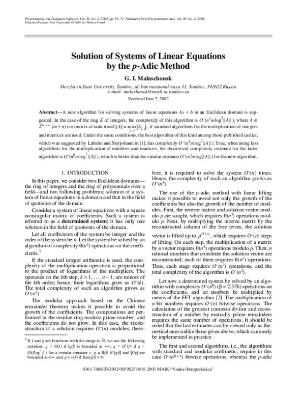 Pdf Solution Of Systems Of Linear Equations By The P Adic Method
