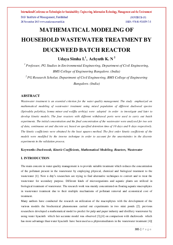 (PDF) Mathematical Modeling of Household Wastewater Treatment by ...