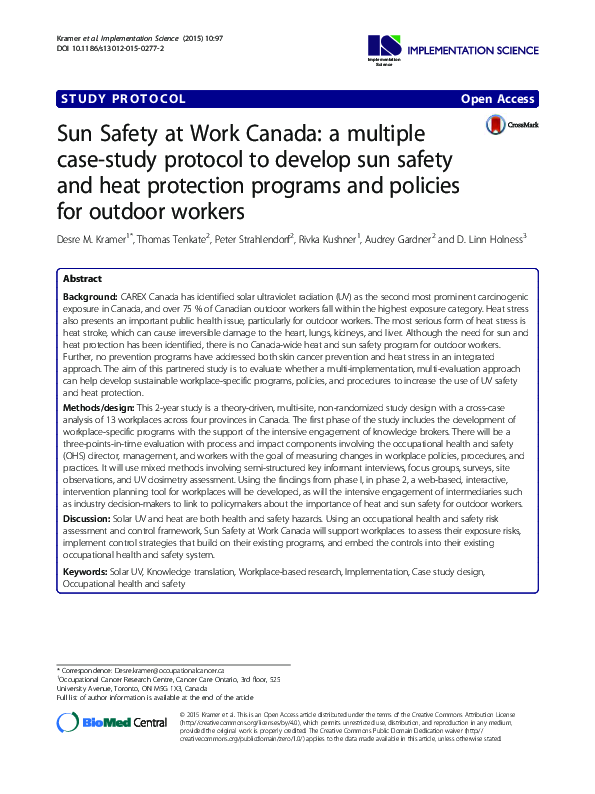 (PDF) Sun Safety at Work Canada: a multiple case-study protocol to ...