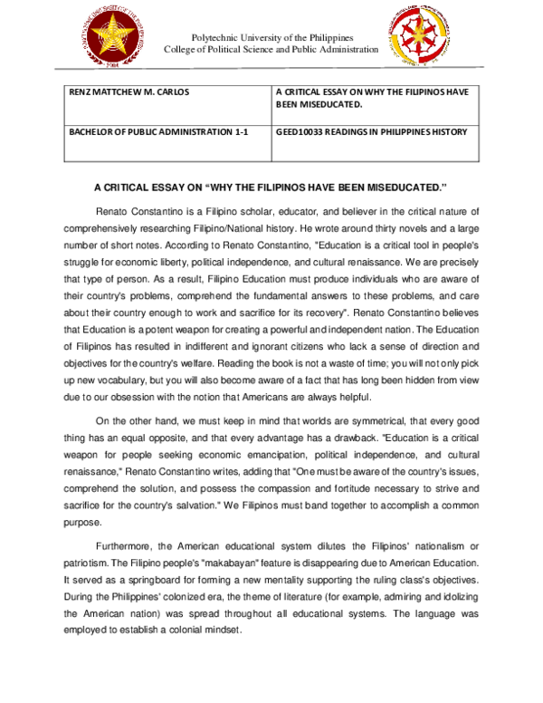 (PDF) Critical Essay- The Miseducation of the Filipino by Renato Constantino- Carlos, Renz