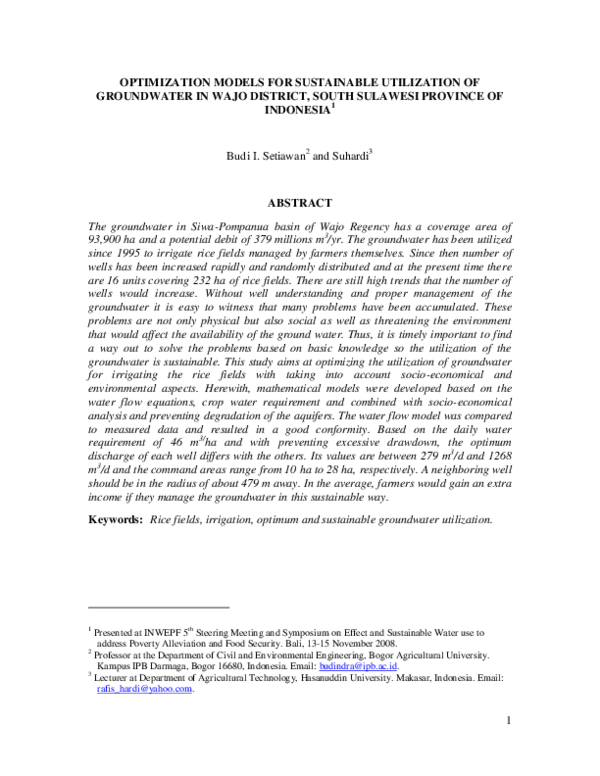 (PDF) Optimization Models for Sustainable Utilization of Groundwater in Wajo District, South ...