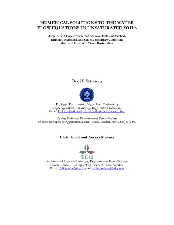 (PDF) NUMERICAL SOLUTIONS TO THE WATER FLOW EQUATIONS IN UNSATURATED SOILS -Explicit and ...