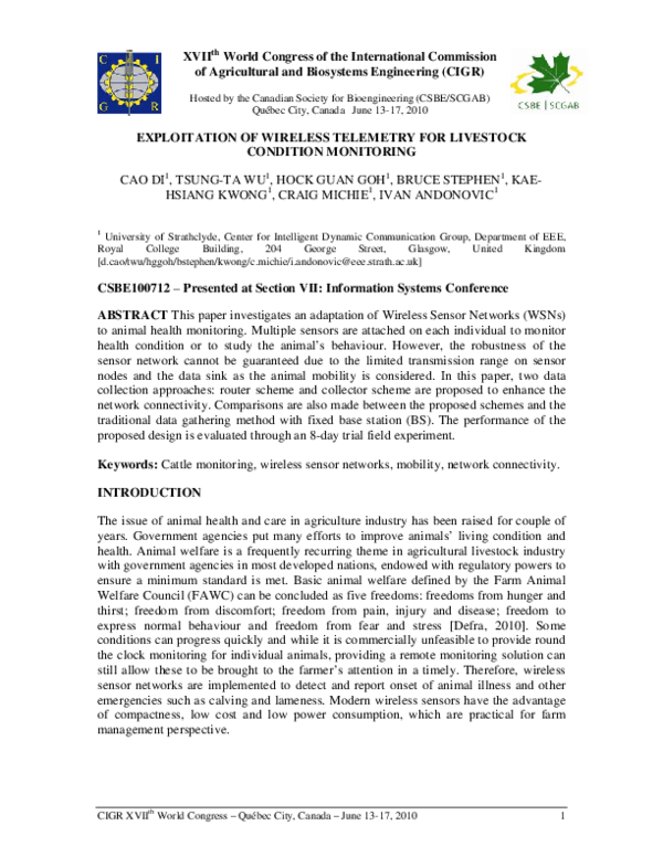 (PDF) Exploitation of Wireless Telemetry for Livestock Condition Monitoring