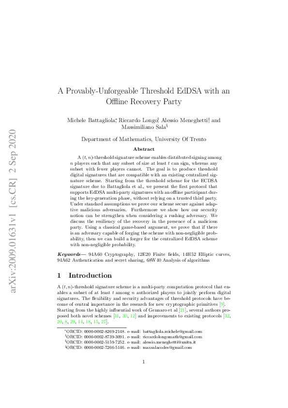 (PDF) A Provably-Unforgeable Threshold EdDSA with an Offline Recovery Party