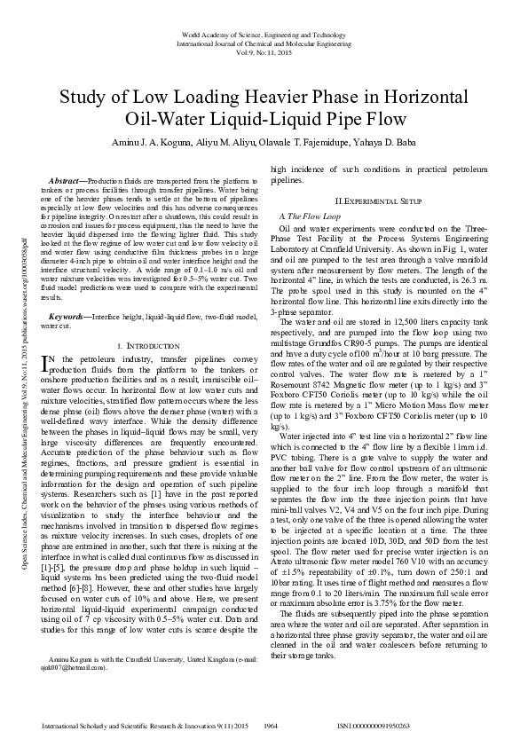 (PDF) Study of Low Loading Heavier Phase in Horizontal Oil-Water Liquid ...