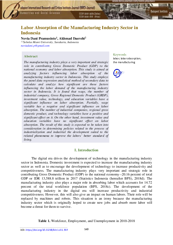 (PDF) Labor Absorption of the Manufacturing Industry Sector in Indonesia