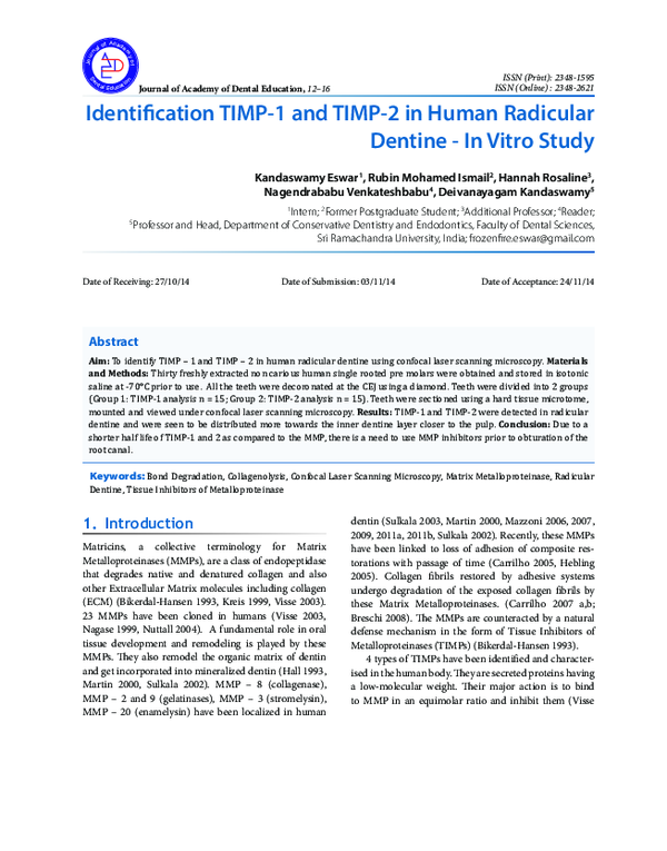 (PDF) Identification TIMP-1 and TIMP-2 in Human Radicular Dentine - In ...