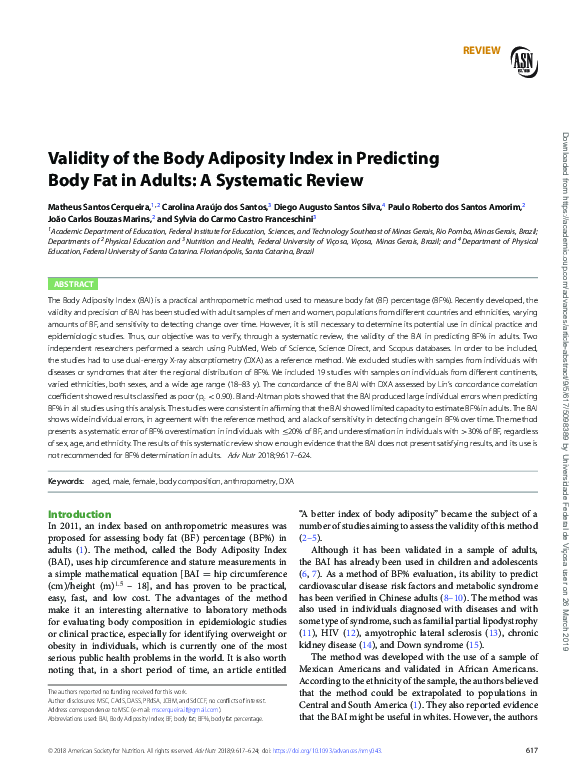 Pdf Validity Of The Body Adiposity Index In Predicting Body Fat In