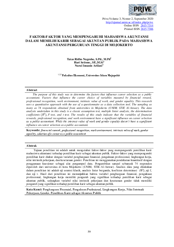 (PDF) FAKTOR-FAKTOR YANG MEMPENGARUHI MAHASISWAAKUNTANSI DALAM PEMILIHAN KARIR MENJADI ...