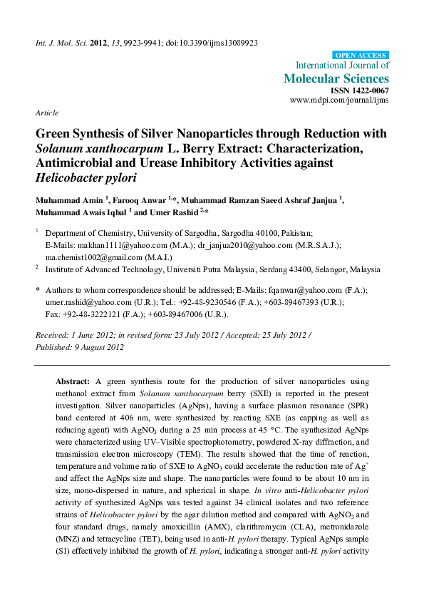 (PDF) Green Synthesis of Silver Nanoparticles through Reduction with Solanum xanthocarpum L ...