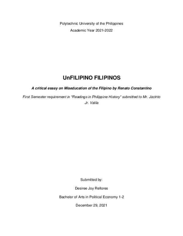 (PDF) A Critical Essay on Renato Constantino's "Miseducation of the Filipinos"