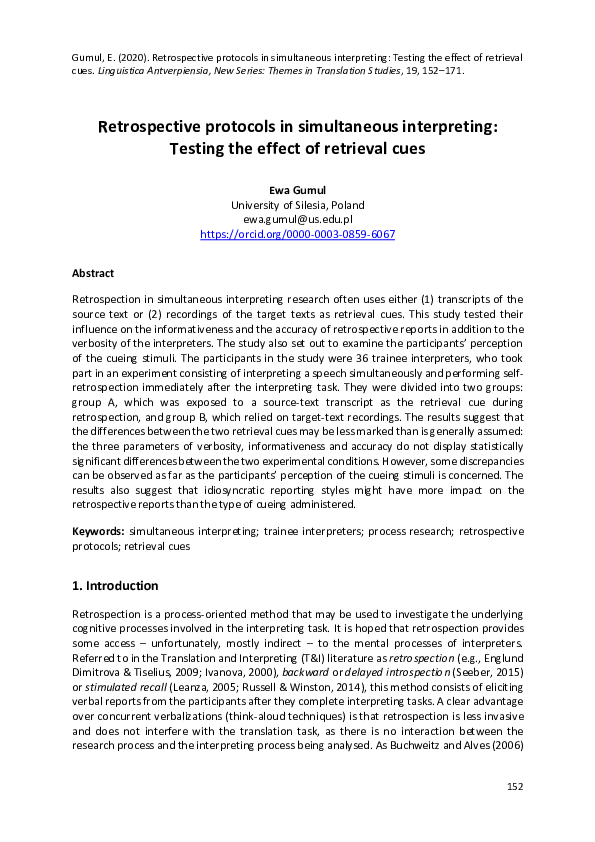 Pdf Retrospective Protocols In Simultaneous Interpreting Testing The