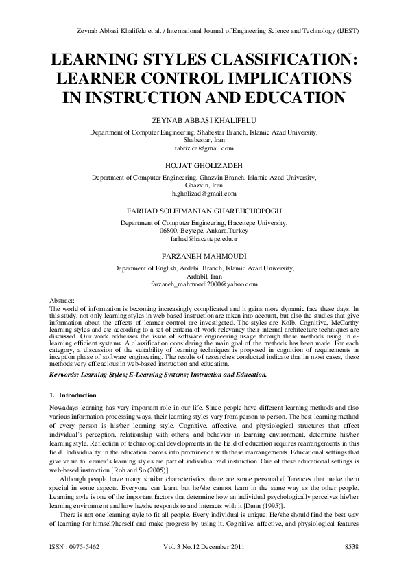 (PDF) Learning Styles Classification: Learner Control Implications in ...