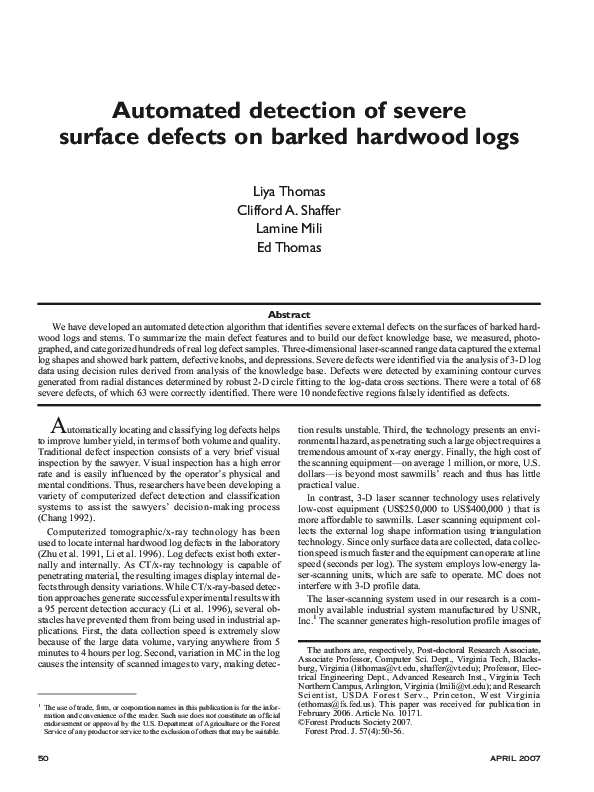 (PDF) Automated detection of severe surface defects on barked hardwood logs
