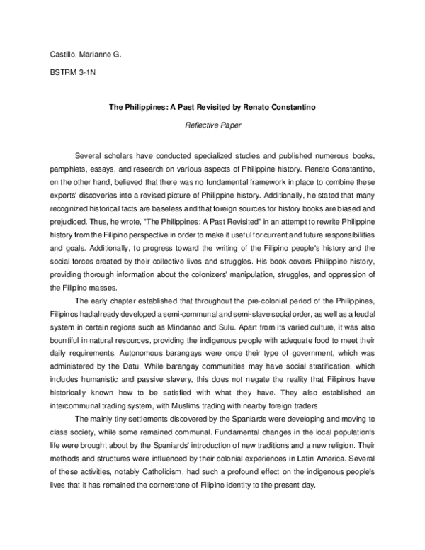 (PDF) Reflective Paper on Renato Constantino's "The Philippines: A Past ...