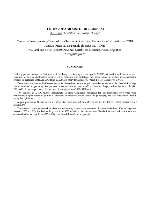 Pdf Testing Of A Mems Soi Microrelay