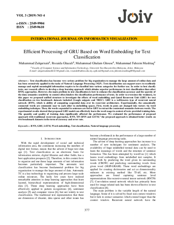 Pdf Efficient Processing Of Gru Based On Word Embedding For Text