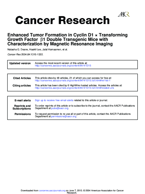 (PDF) Enhanced Tumor Formation in Cyclin D1 x Transforming Growth Factor 1 Double Transgenic ...