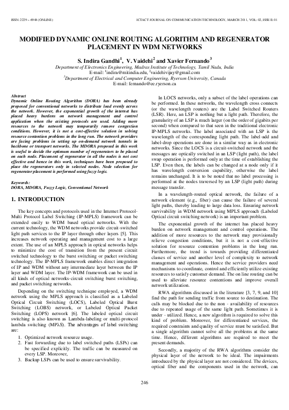 Pdf Modified Dynamic Online Routing Algorithm And Regenerator Placement In Wdm Networks