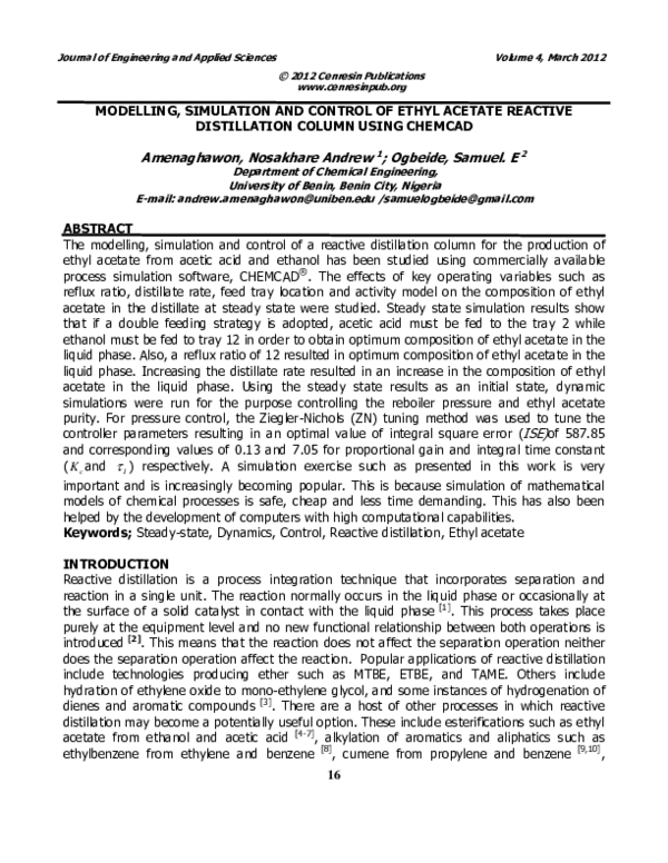 Pdf Modelling Simulation And Control Of Ethyl Acetate Reactive