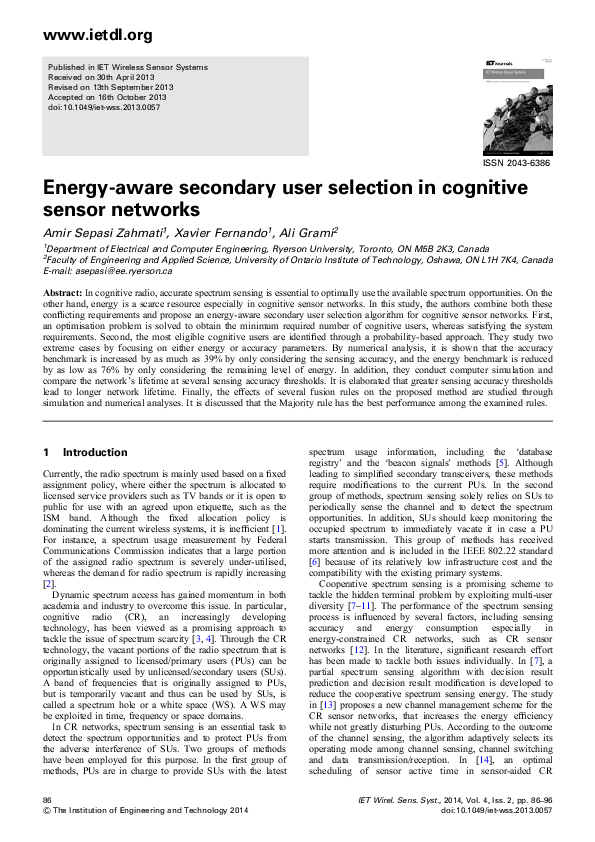 (PDF) Energy-aware secondary user selection in cognitive sensor networks