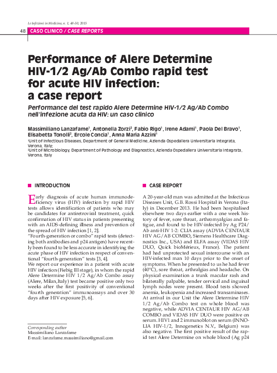 (PDF) Performance of Alere Determine HIV-1/2 Ag/Ab Combo rapid test for ...