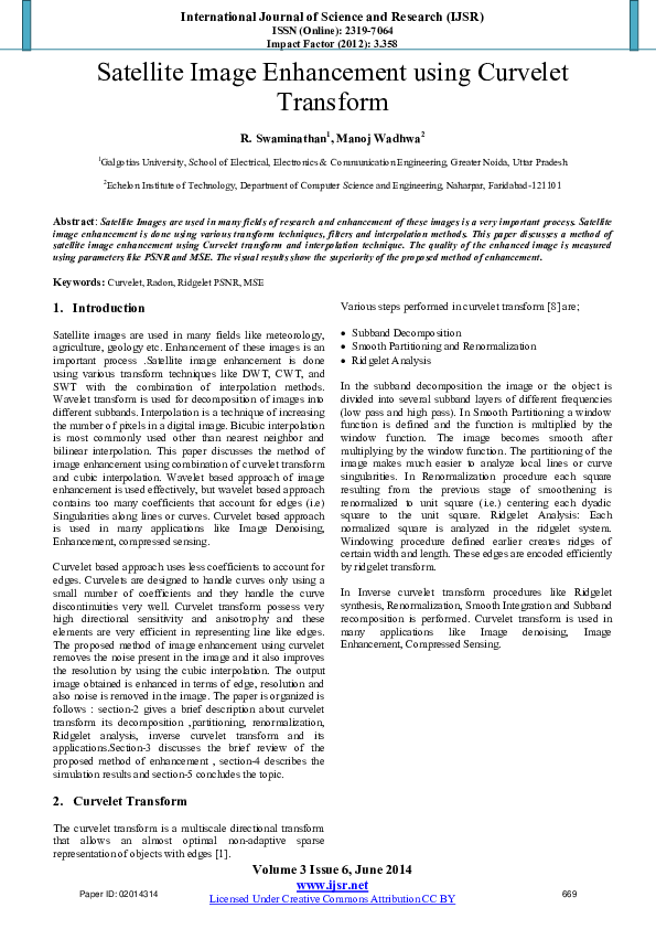 Pdf Satellite Image Enhancement Using Curvelet Transform Manoj Wadhwa