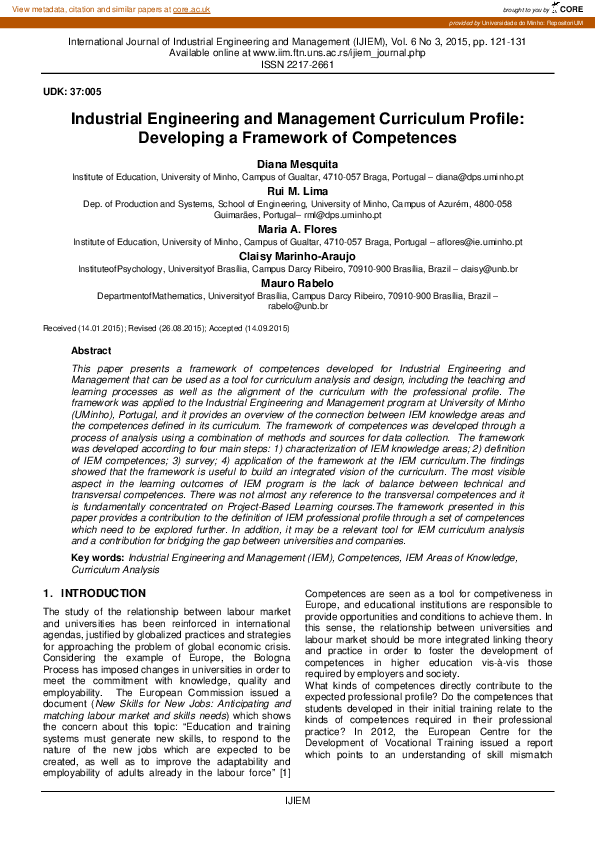 (PDF) Industrial Engineering and Management Curriculum Profile ...