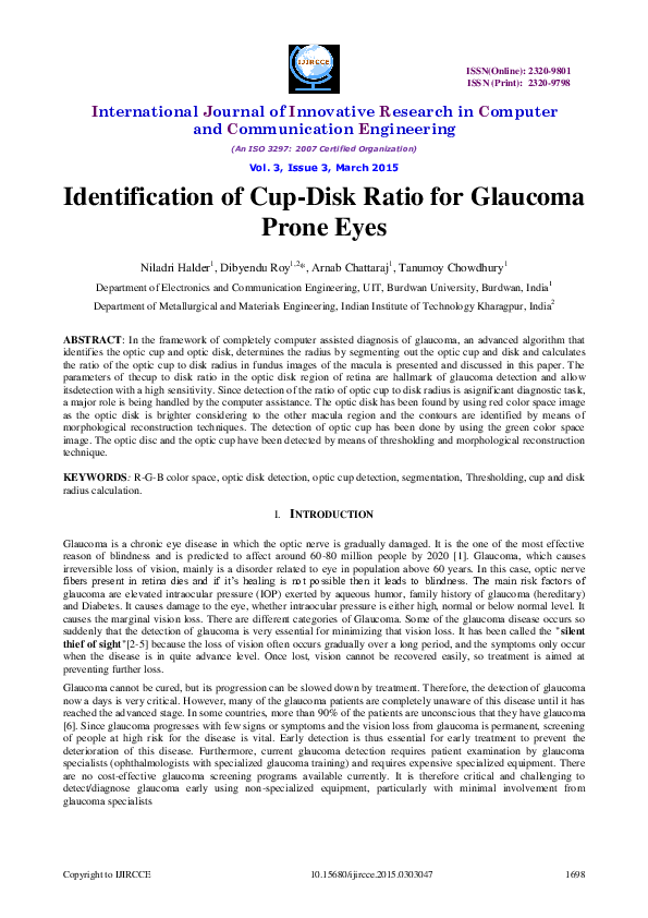 (PDF) Identification of Cup-Disk Ratio for GlaucomaProne Eyes
