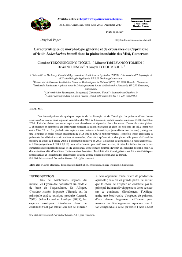 (PDF) Caracteristiques de morphologie générale et de croissance du ...