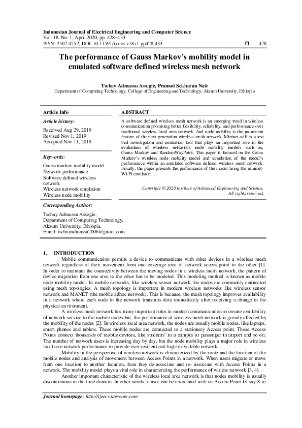 (PDF) The performance of Gauss Markov's mobility model in emulated ...